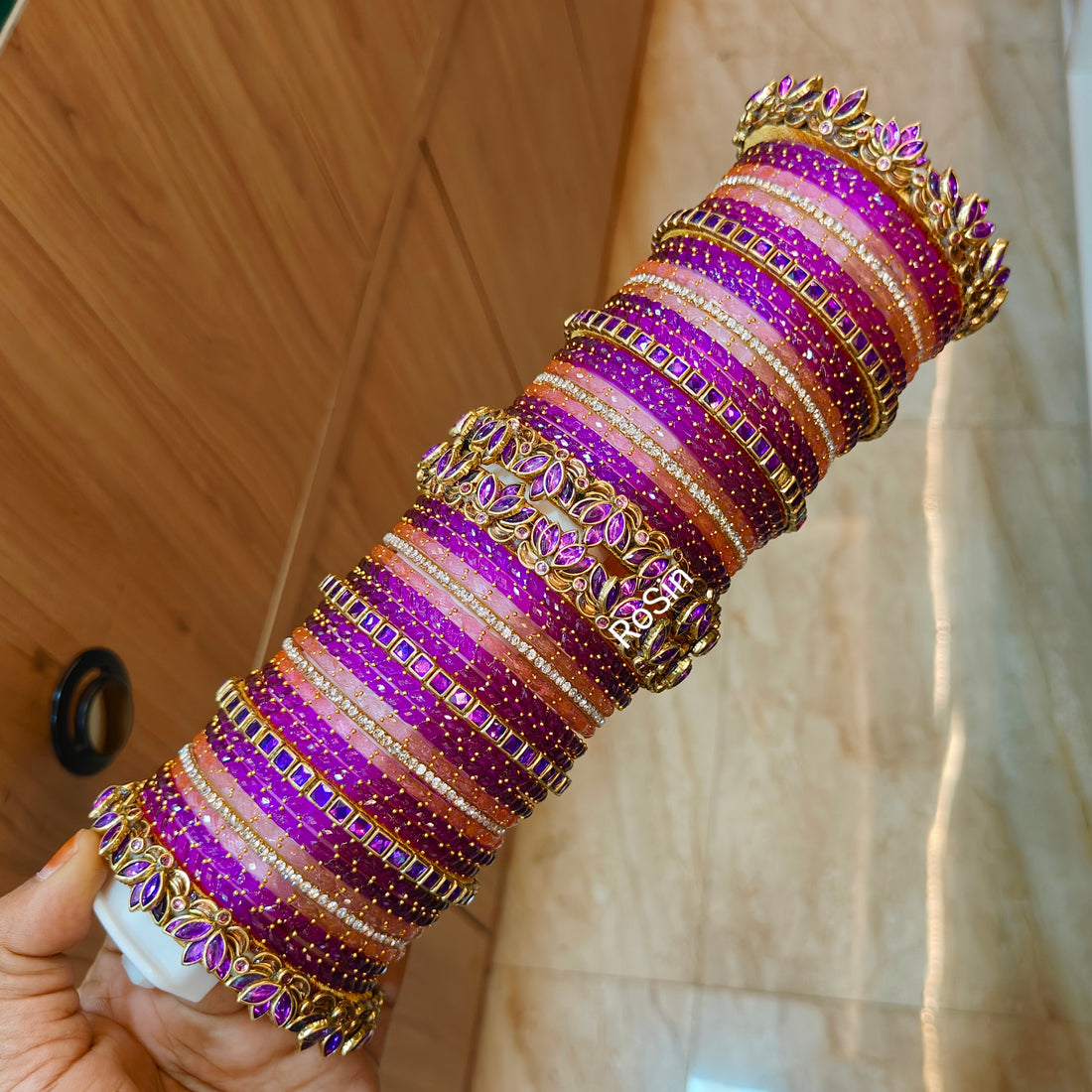 Purple and baby pink lotus glass bangles mixed set – Rosin