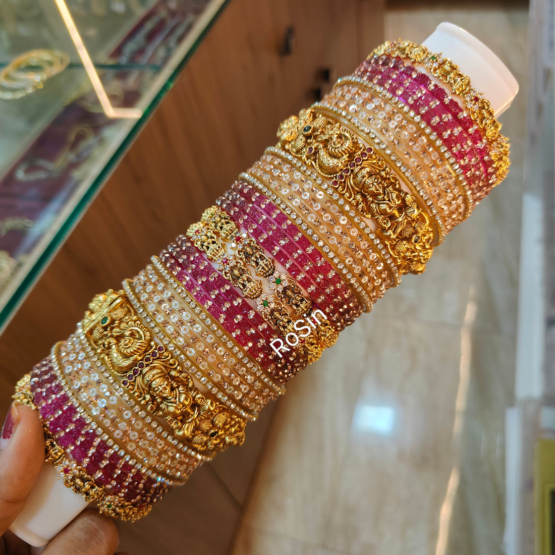 Vivaha gold and wine mixed set of imitation and glass bangles – Rosin